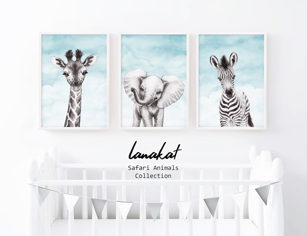 SET 3 Safari Baby Animals on Blue Sky Prints. Giraffe Elephant Zebra ...