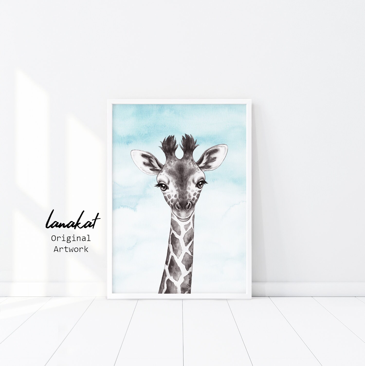 SET 3 Safari Baby Animals on Blue Sky Prints. Giraffe Elephant Zebra ...