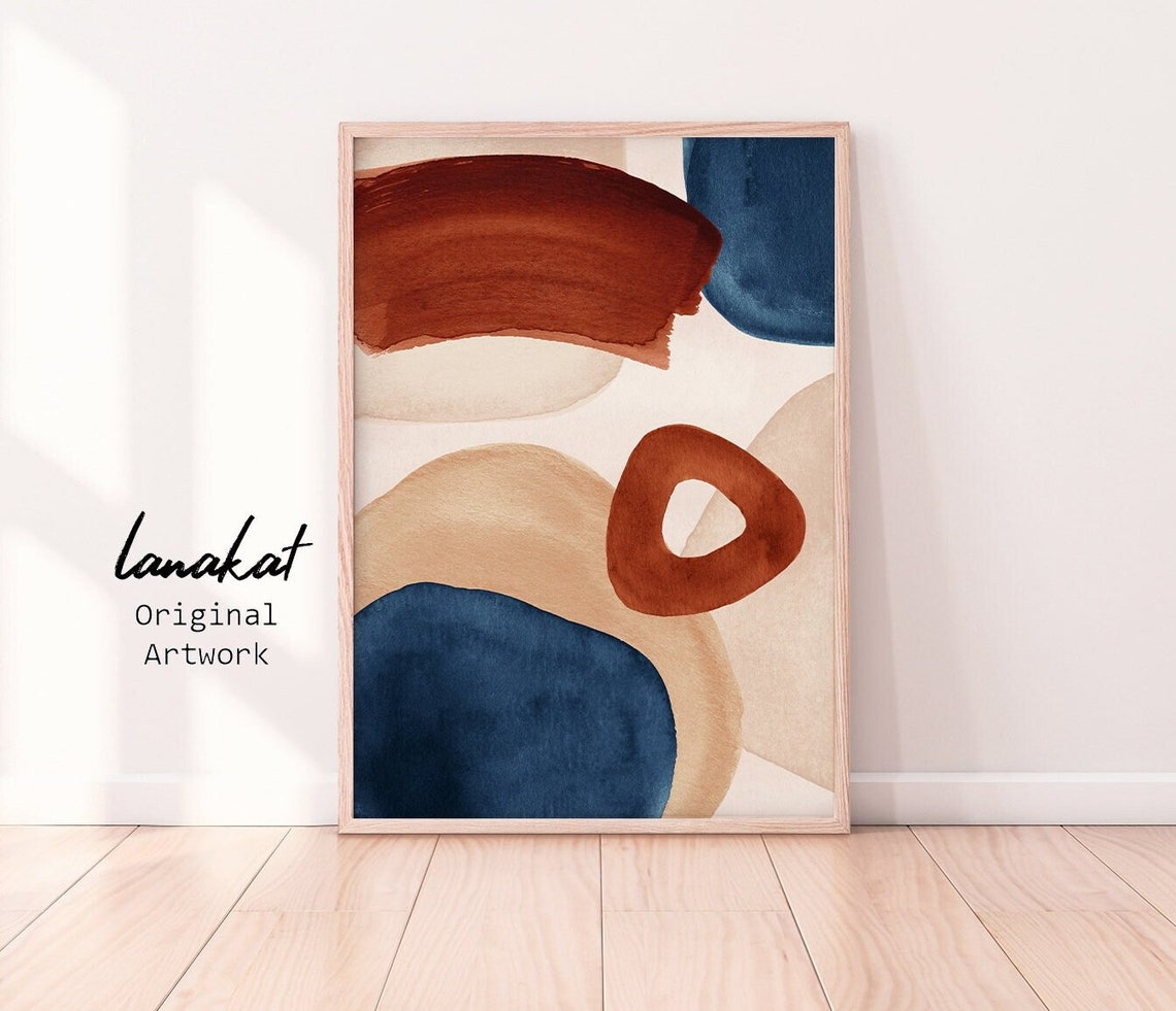 Navy & Terracotta Abstract Print. Abstract Shapes Blue Burnt Orange ...