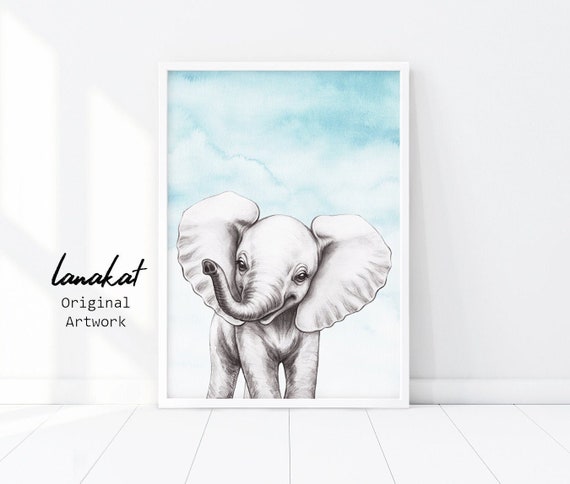Blue Baby Elephant Print. Elephant Sky Blue Watercolor Print. | Etsy