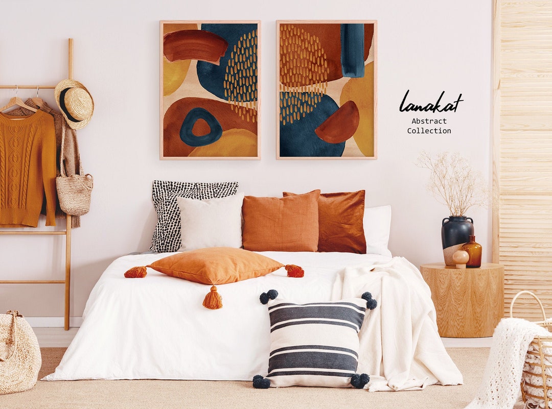 SET of 2 Navy & Terracotta Abstract Prints. Blue Burnt Orange Mustard ...