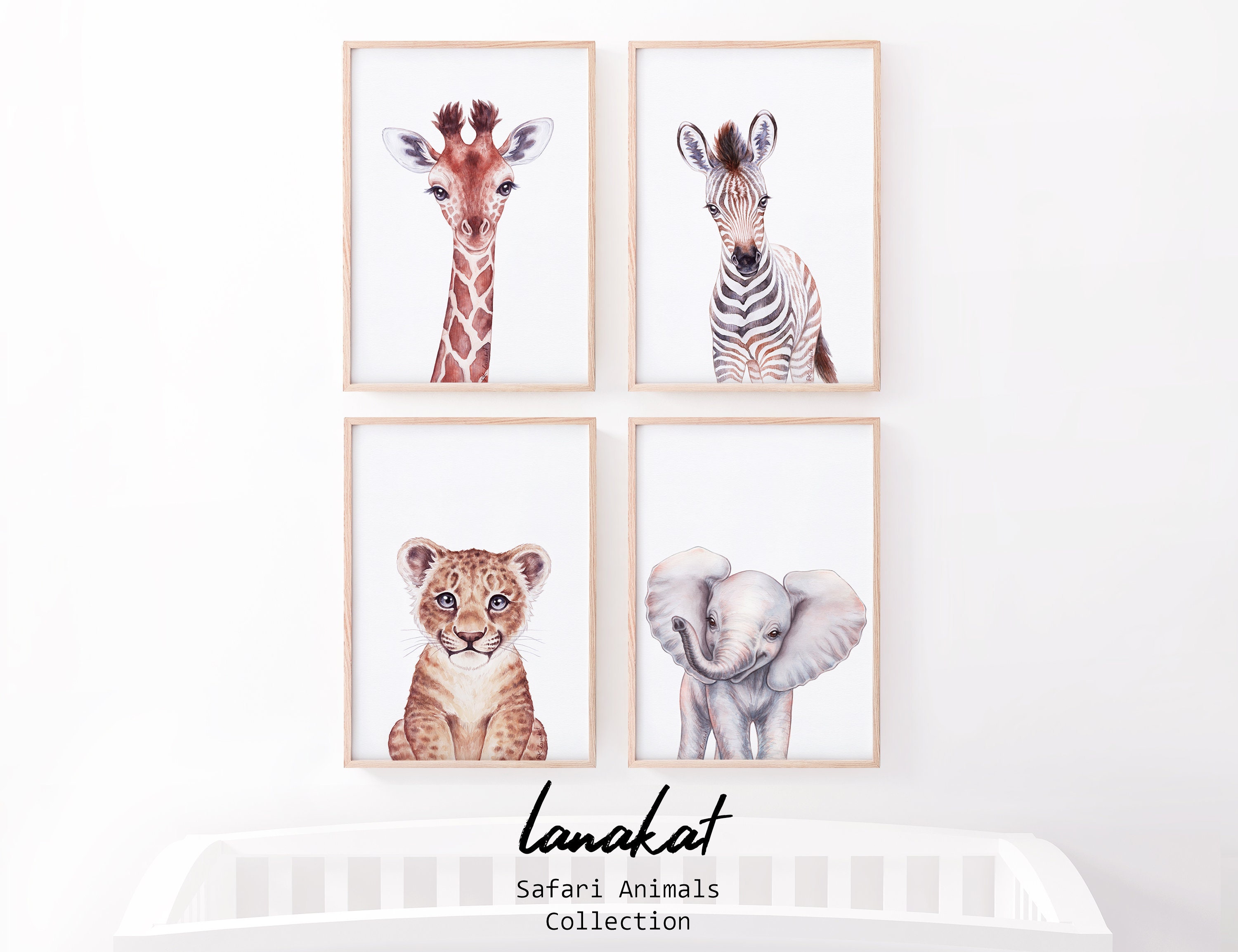 SET 4 Safari Animals Prints. Baby Lion Elephant Giraffe Zebra - Etsy