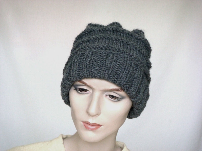 Knit Hat Hand Knit Hat Slouch Hat for Women or Men Dark Grey Wool Hat ...