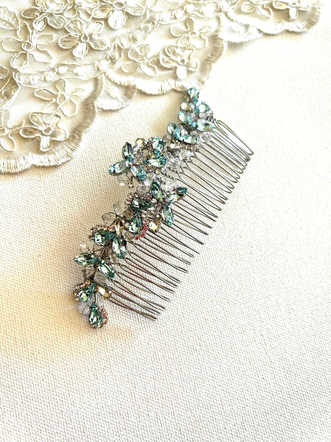 Swarovski Aquamarine Crystal Comb,bridal Flower Branch Hair Comb, Light ...