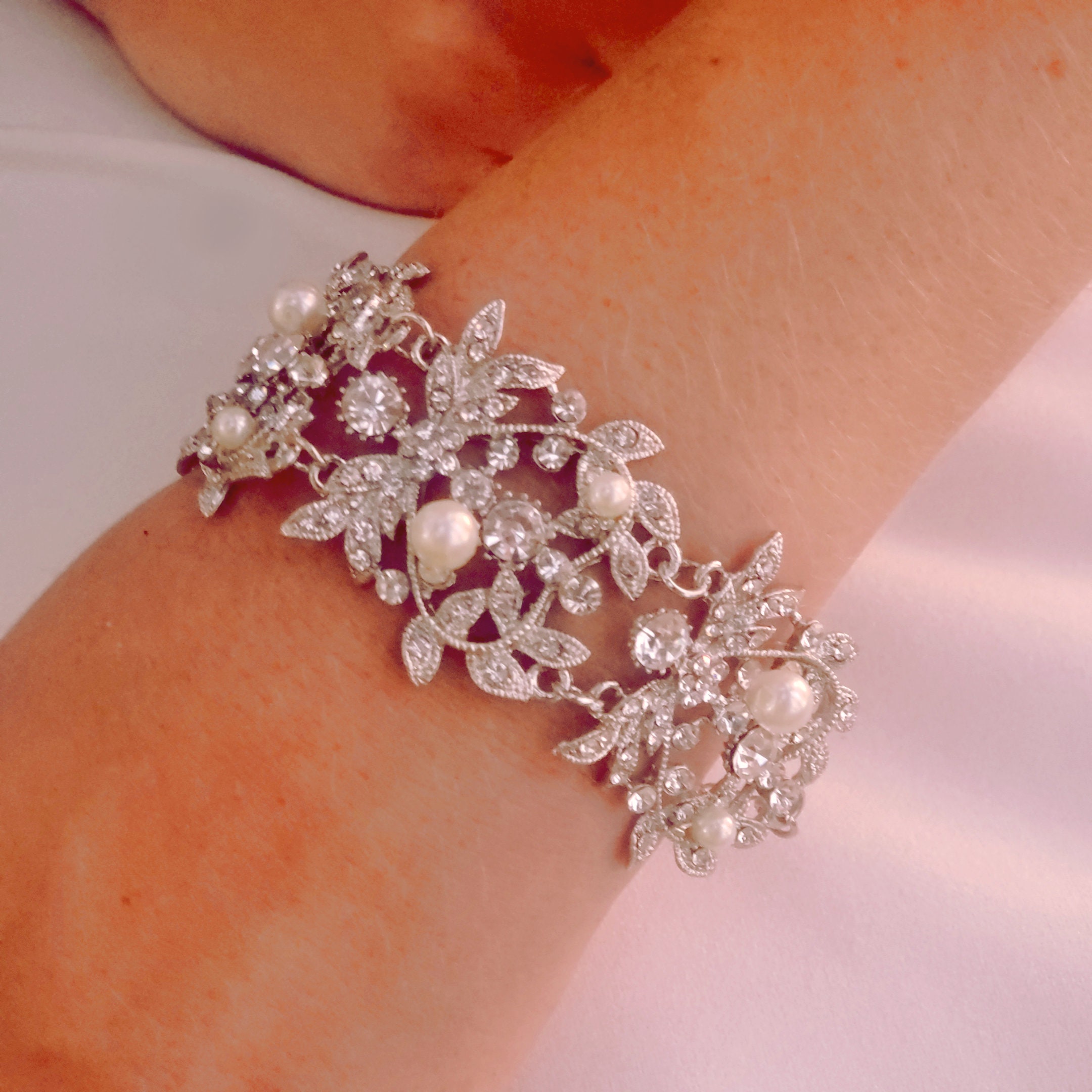 Wedding Cuff Bracelet With Crystals and Pearls Crystal Leaves - Etsy