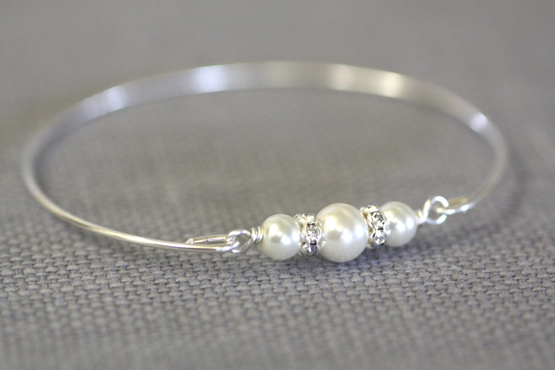 Crystal and Pearl Silver Bangle Bracelet,three Pearl Bangle,past ...