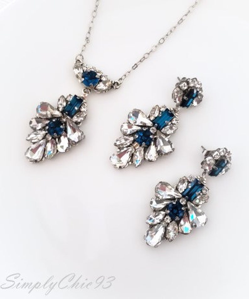 Deep Blue Statement Bridal Earrings, Swarovski Crystal Chandelier ...