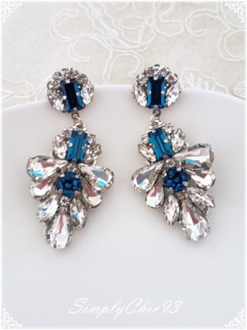 Deep Blue Statement Bridal Earrings, Swarovski Crystal Chandelier ...