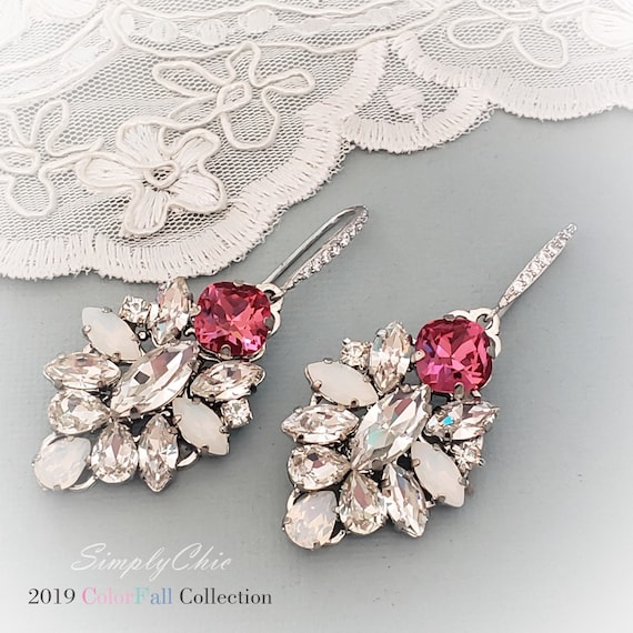 Raspberry Pink Swarovski Crystal Earrings White Opal Fuchsia | Etsy