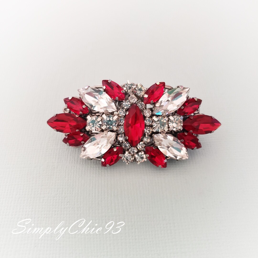 Bridal Ruby Red Hair Barrette, Red Rhinestone Hair Clip ,silver Vintage ...
