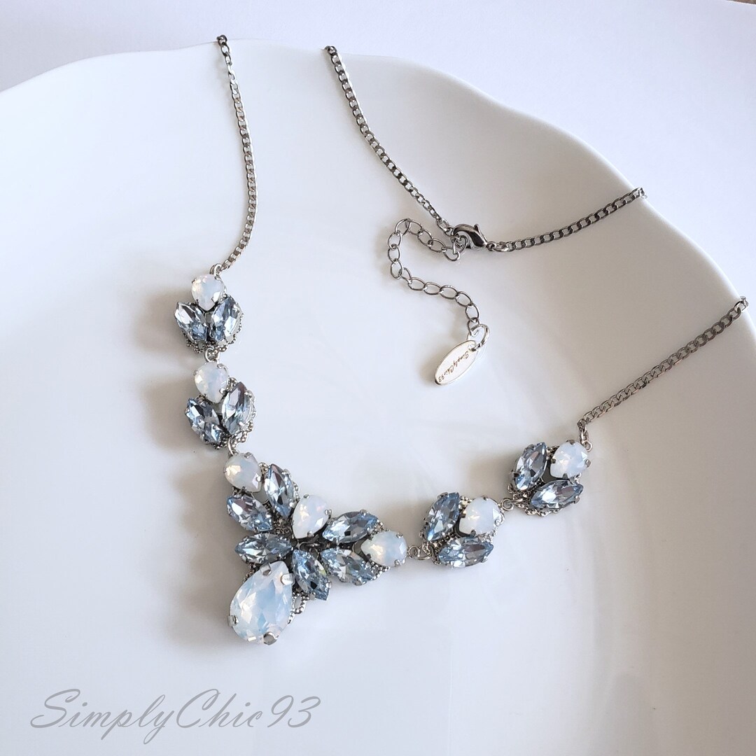 Sapphire Light Blue Statement Necklace,dusty Blue White Opal Swarovski ...