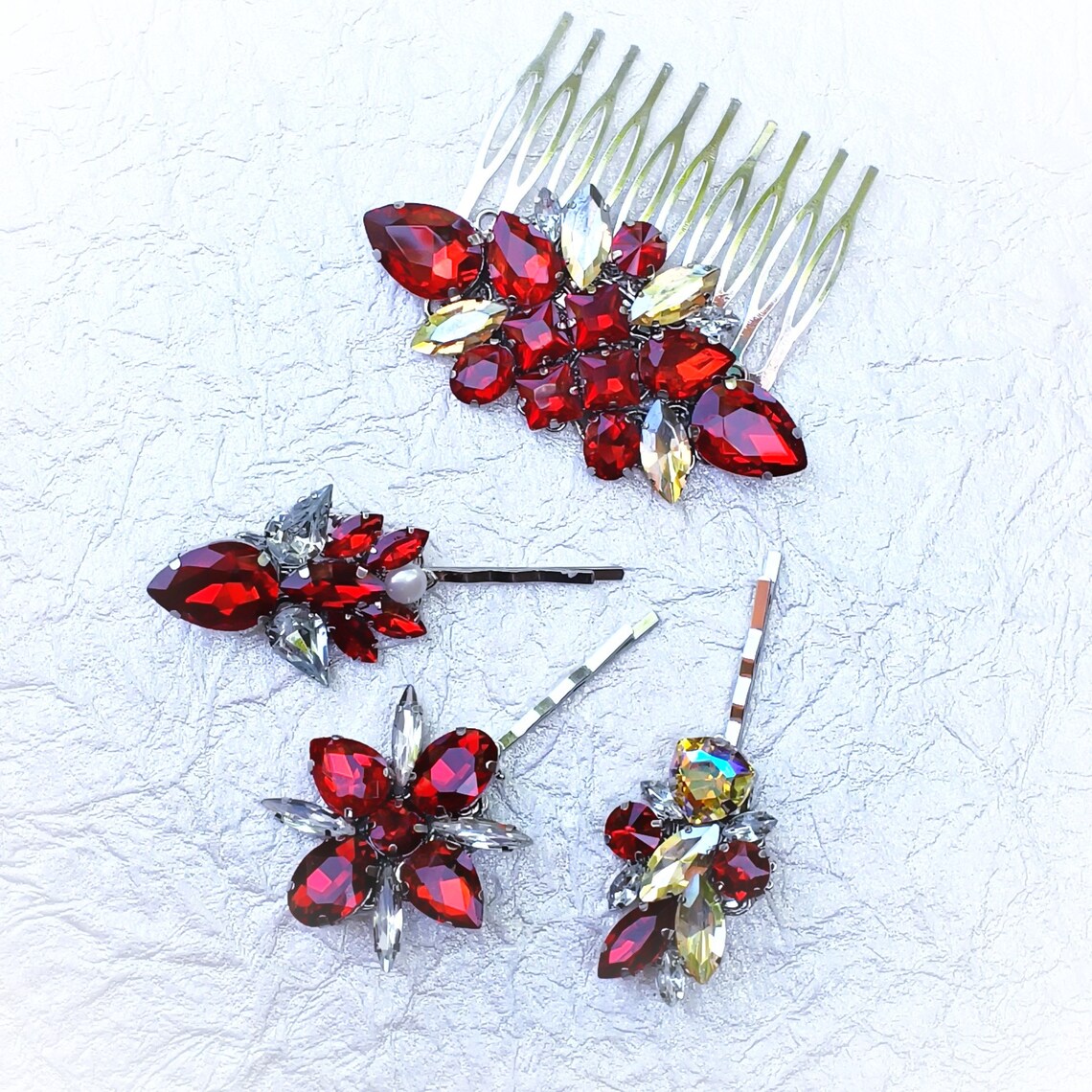 Ruby Red and Champagne Crystal Hair Comb,vintage Style Rhinestone ...