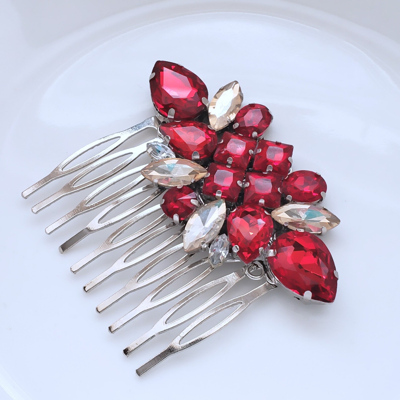 Ruby Red and Champagne Crystal Hair Combvintage Style - Etsy