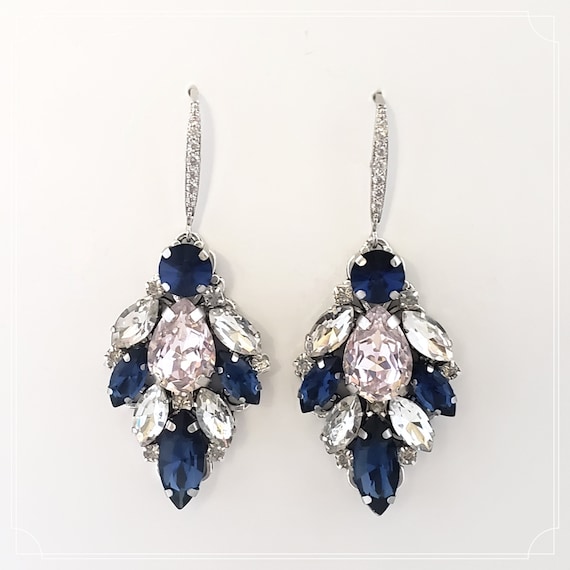 Montana Blue and Blush Pink Statement Earrings tear Drop Crystal Earrings navy Blue Chandelier Earrings French Hooks Crystals 2020 Bridal Etsy