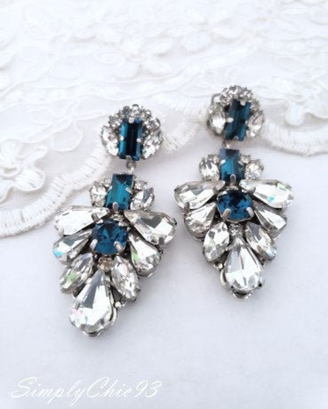 Deep Blue Statement Bridal Earrings, Swarovski Crystal Chandelier ...