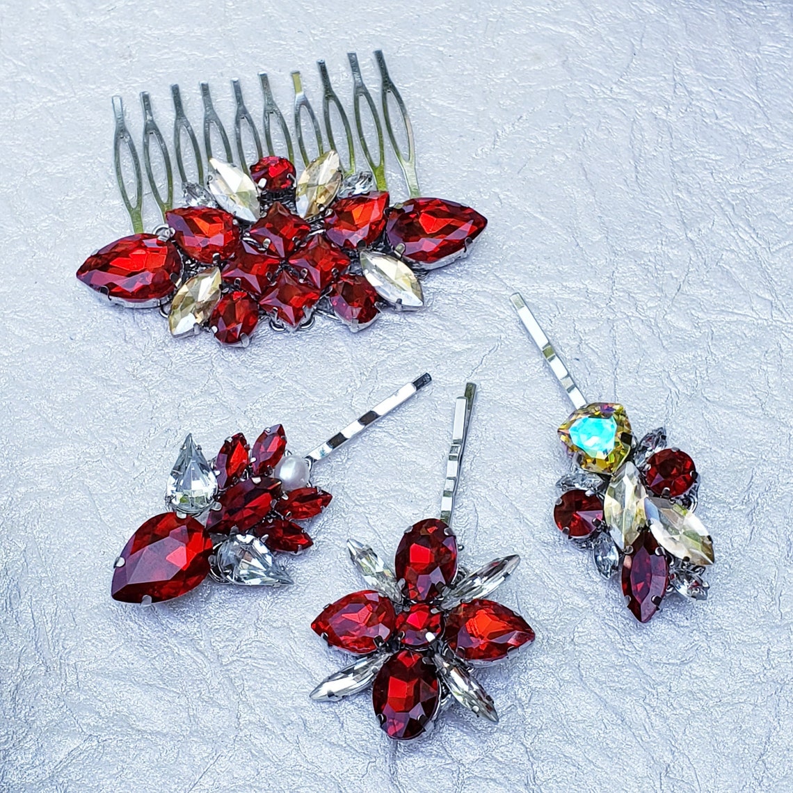 Ruby Red and Champagne Crystal Hair Comb,vintage Style Rhinestone ...