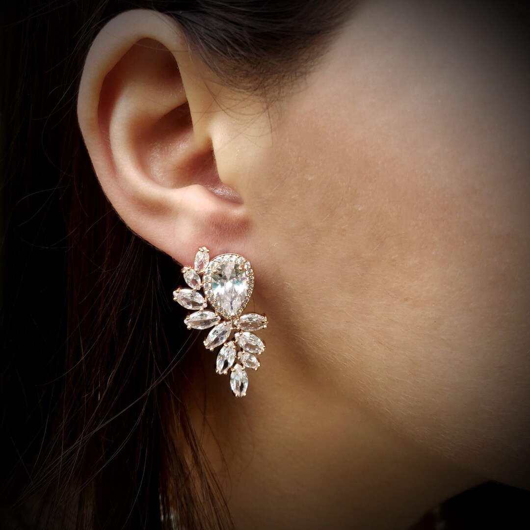 CRYSTALS CLUSTER STUDS, Zircon Leaves Earrings, Statement Bridal ...