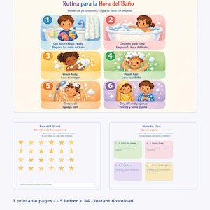 Kids Bath Time Routine Chart | English Spanish Visual Steps | Printable ...