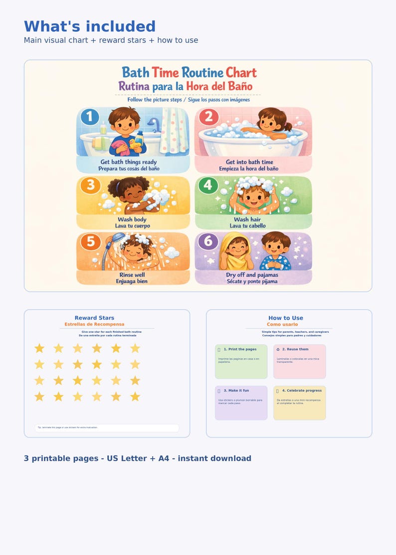 Kids Bath Time Routine Chart | English Spanish Visual Steps | Printable ...