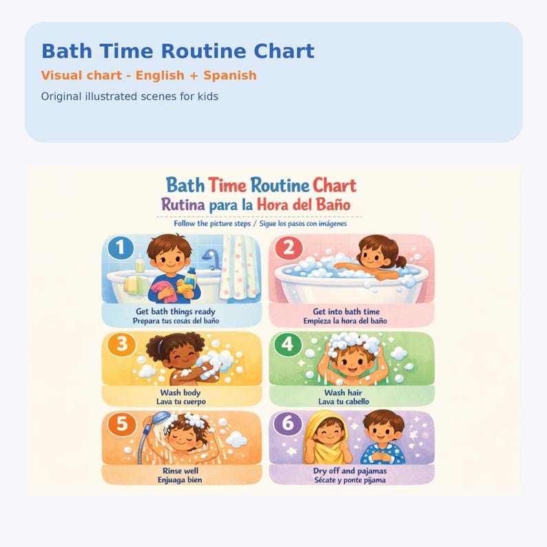 Kids Bath Time Routine Chart | English Spanish Visual Steps | Printable ...