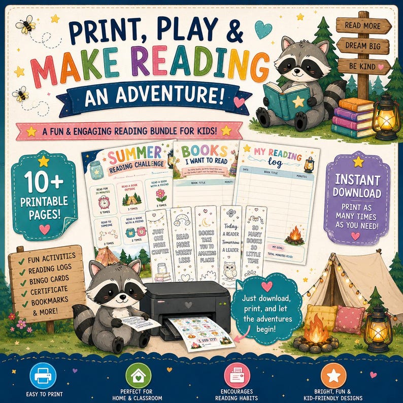 Kids Summer Reading Bundle, Printable Challenge Pack, Log, Bingo (A4 A5 ...