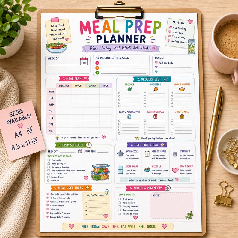 Meal Prep Planner Printable, Weekly Meal Plan, Grocery List (A4, 8.5x11 ...