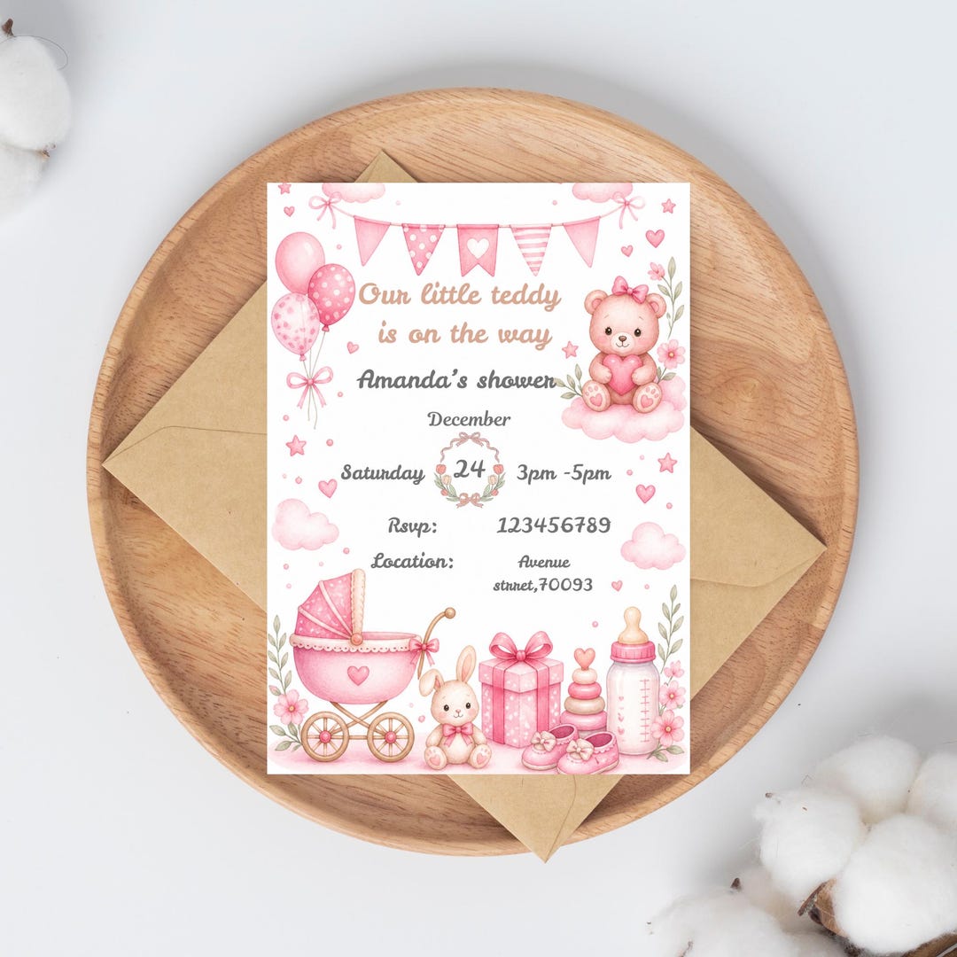 Pink Baby Shower Invitation Teddy Bear Stroller Animated Video