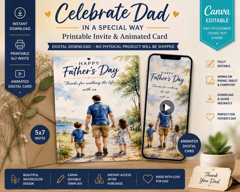 Father's Day Canva Template Bundle | Watercolor Invite & Animated Card ...