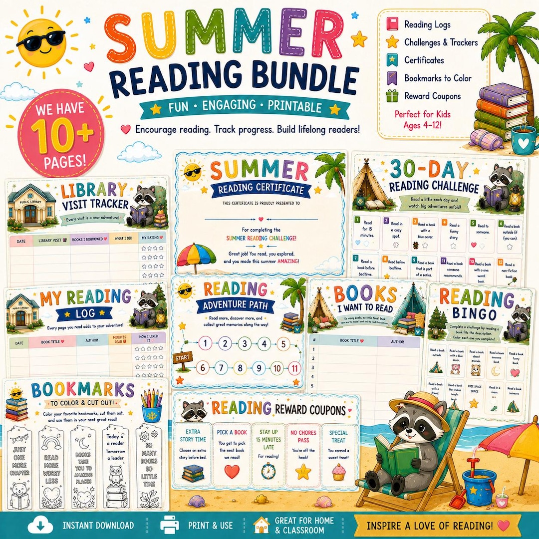 Kids Summer Reading Bundle, Printable Challenge Pack, Log, Bingo (A4 A5 ...
