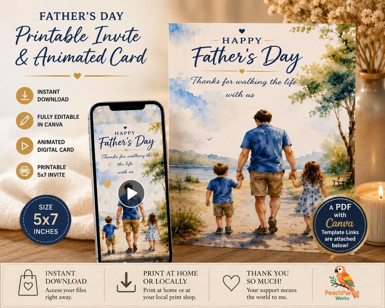 Father's Day Canva Template Bundle | Watercolor Invite & Animated Card ...