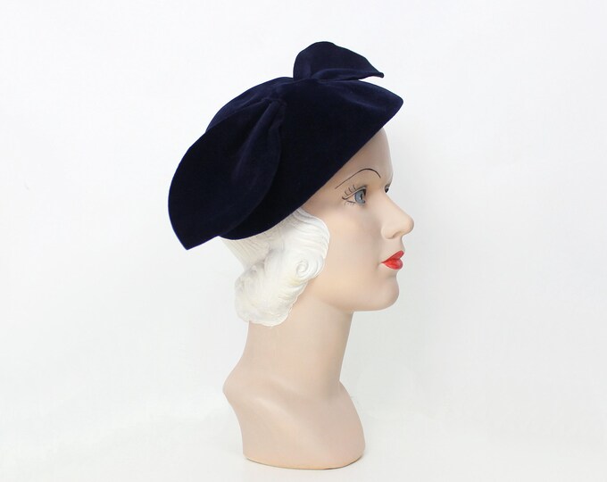 Vintage Velvet Hat / 1960s Blue Velvet Hat / Velvet Bow Hat / Velvet ...