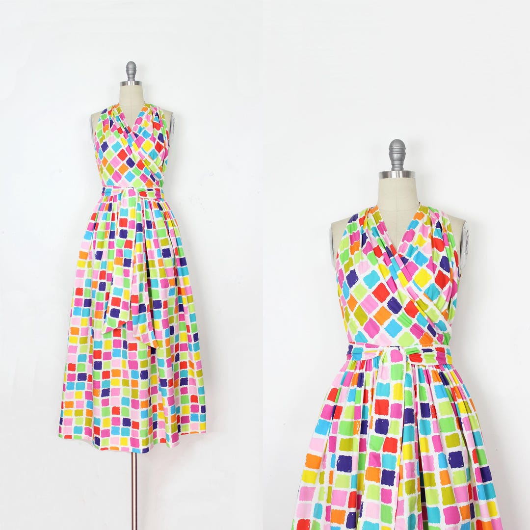 Vintage 70s Rainbow Maxi Dress / 1970s Square Print Dress / Geometric ...