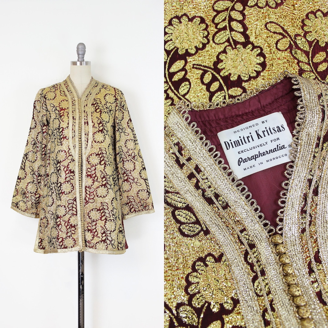 Vintage 60s Moroccan Tunic / 1960s Metallic Floral Jacket / Gold Red ...