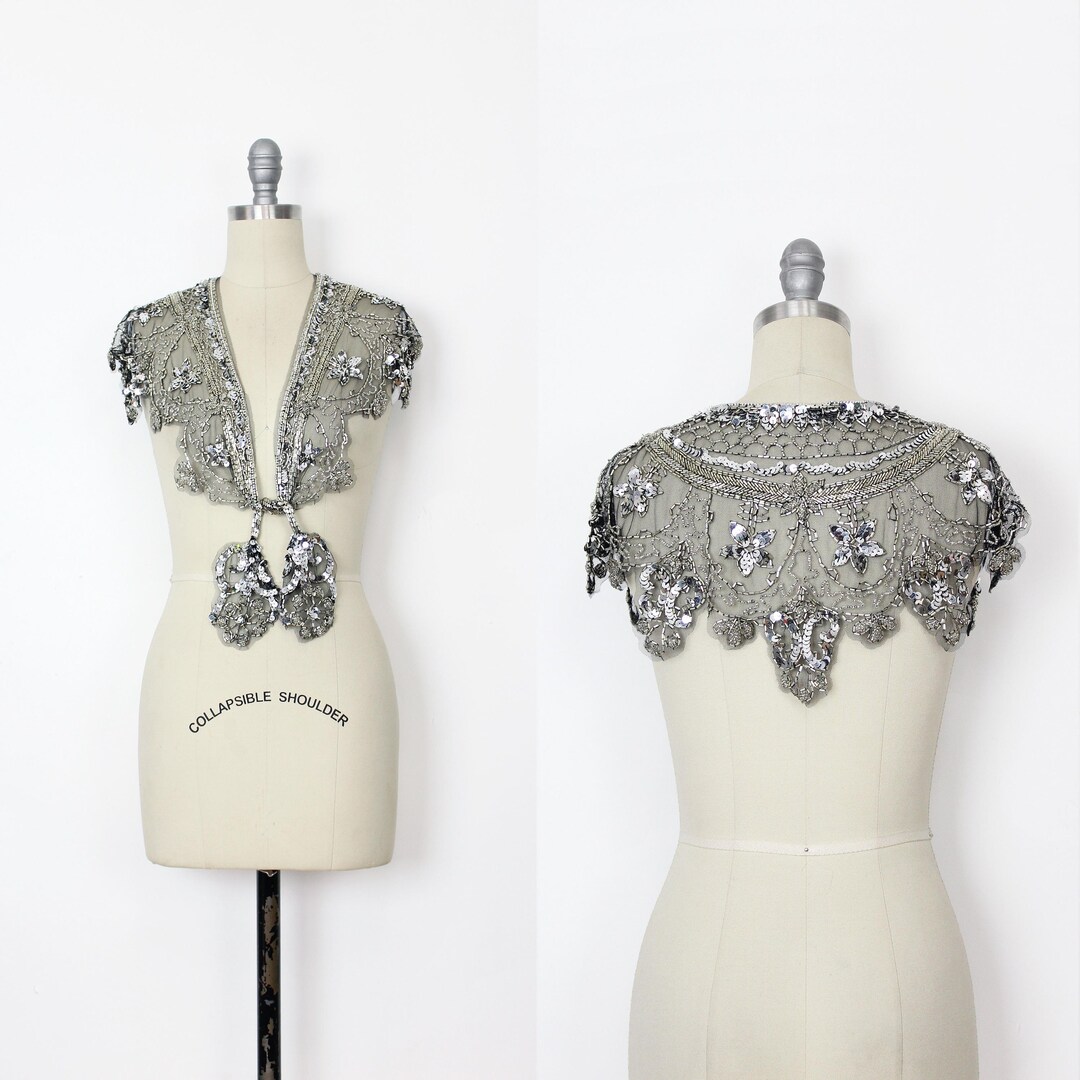 Vintage Beaded Capelet / 1980s Deco Style Capelet / Sheer Mesh Capelet ...