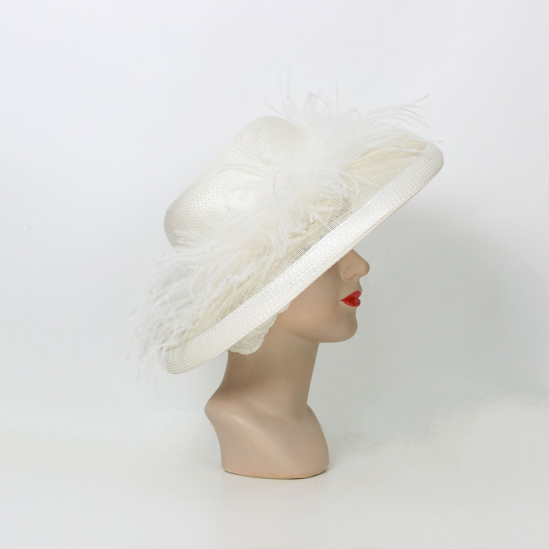 Vintage Feather Straw Hat / 1980s PERRY ELLIS Hat / White Straw Sun Hat ...