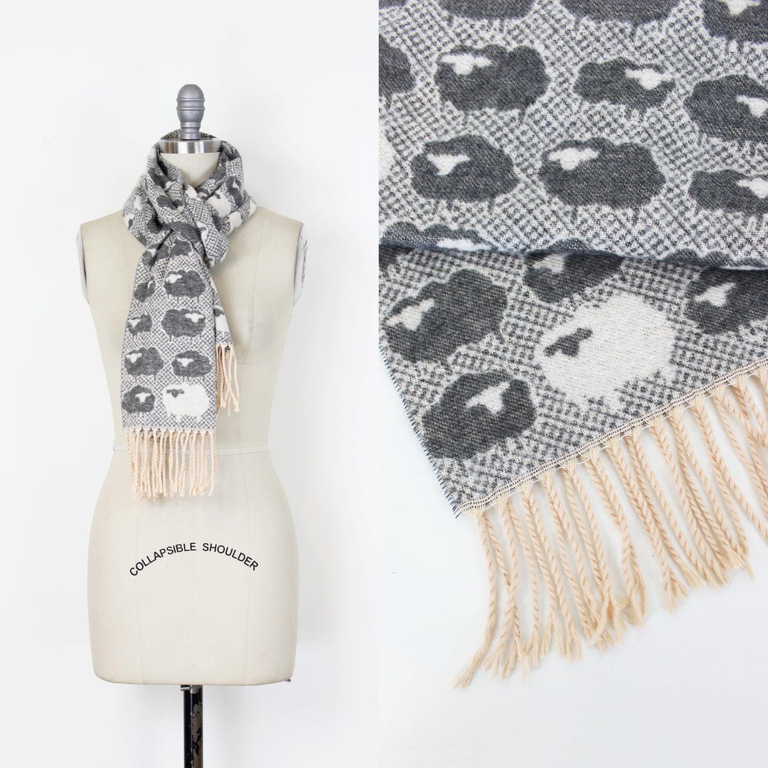 Vintage Sheep Scarf / Novelty Sheep Print Scarf / Fringed Scarf / Soft ...