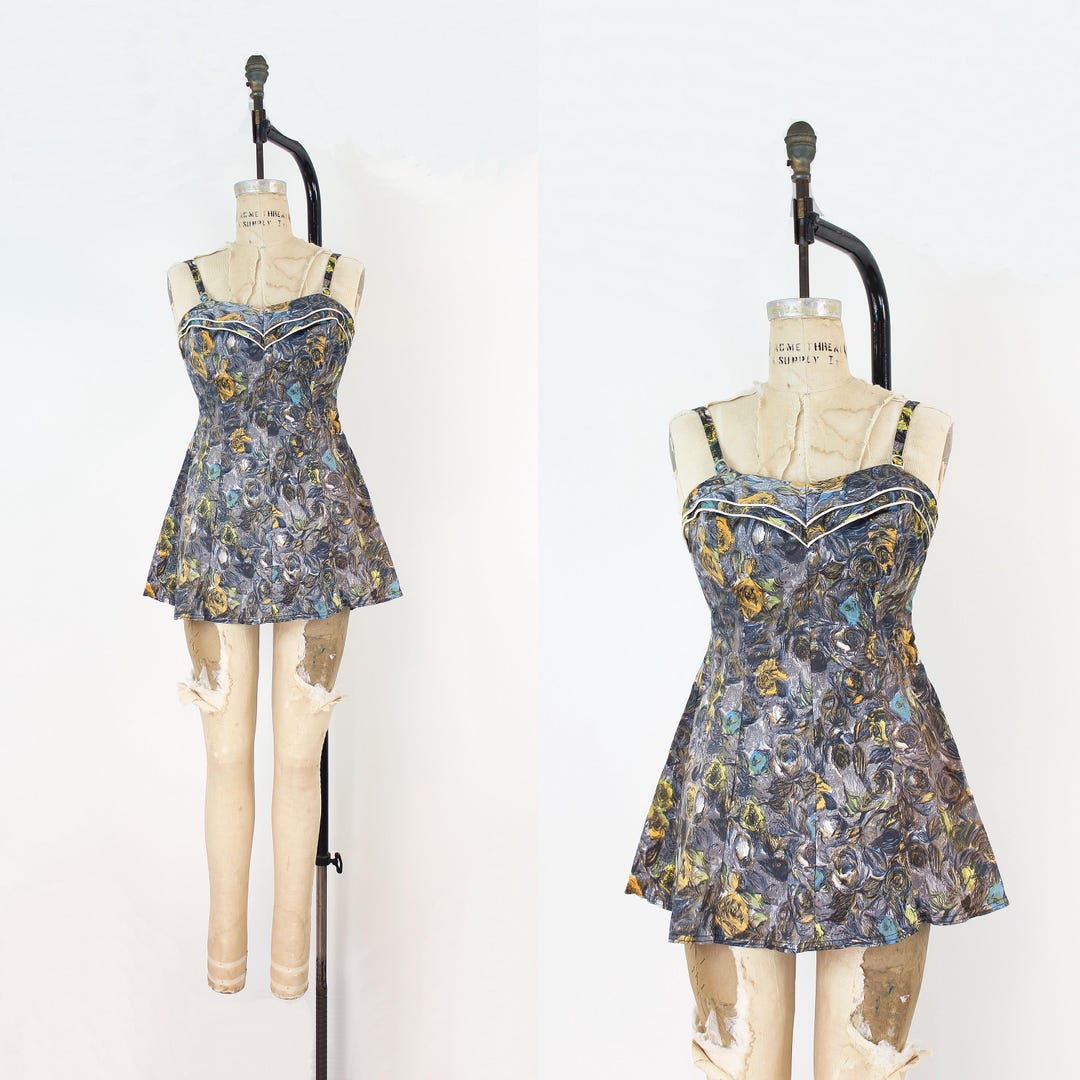 Vintage 50s Swim Dress / 1950s Floral Swim Dress / Fit Flare Swim Top ...