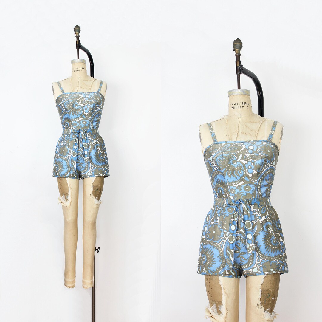 Vintage 50s Playsuit / 1950s Floral Romper / 1950s Swimsuit / Blue Grey ...
