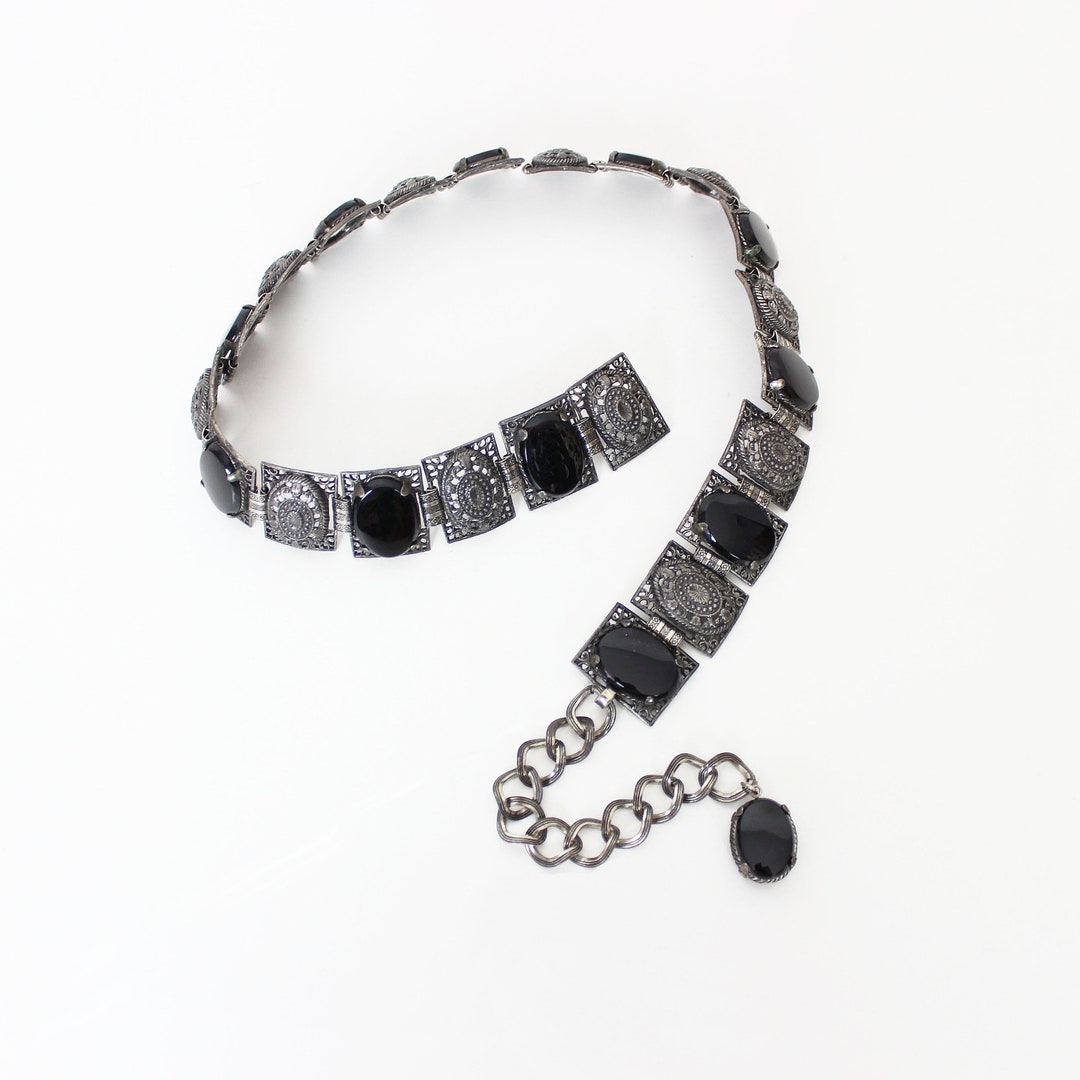 Vintage 60s Glass Metal Belt / 1960s Chain Link Belt / Black Glass ...