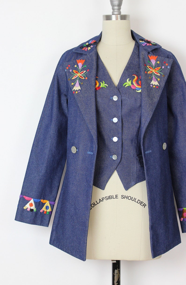 Vintage 70s Denim Set / 1970s Embroidered Denim Jacket / Embroidered ...