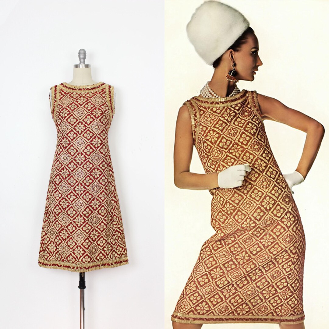 Vintage 60s Metallic Brocade Dress / 1960s Red Gold Dress / Beaded 60s ...