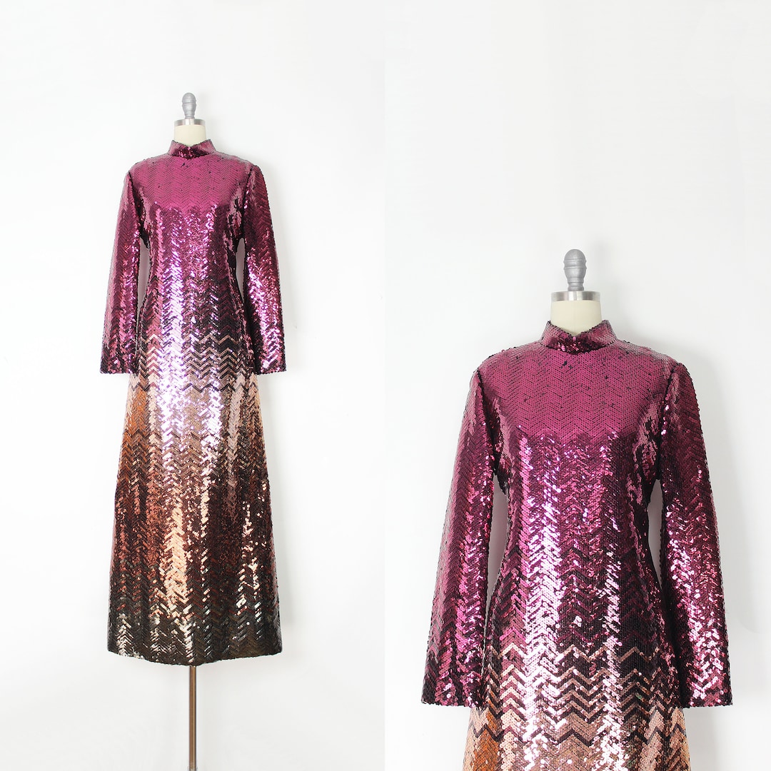 Vintage 60s TEAL TRAINA Dress / 1960s Sequined Dress / Ombre Sequined ...