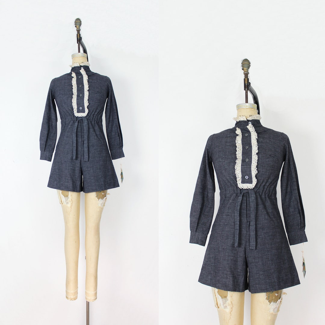 Vintage 60s Romper / 1960s Lace Front Romper / Dark Grey Romper / Fall ...