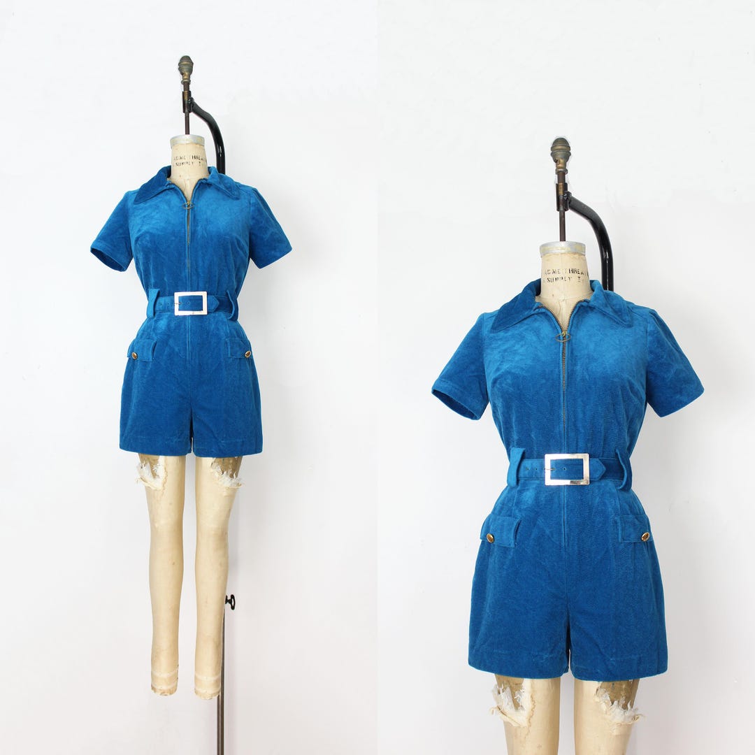 Vintage 60s Velvet Romper / 1960s Romper / Teal Blue Velour Romper ...