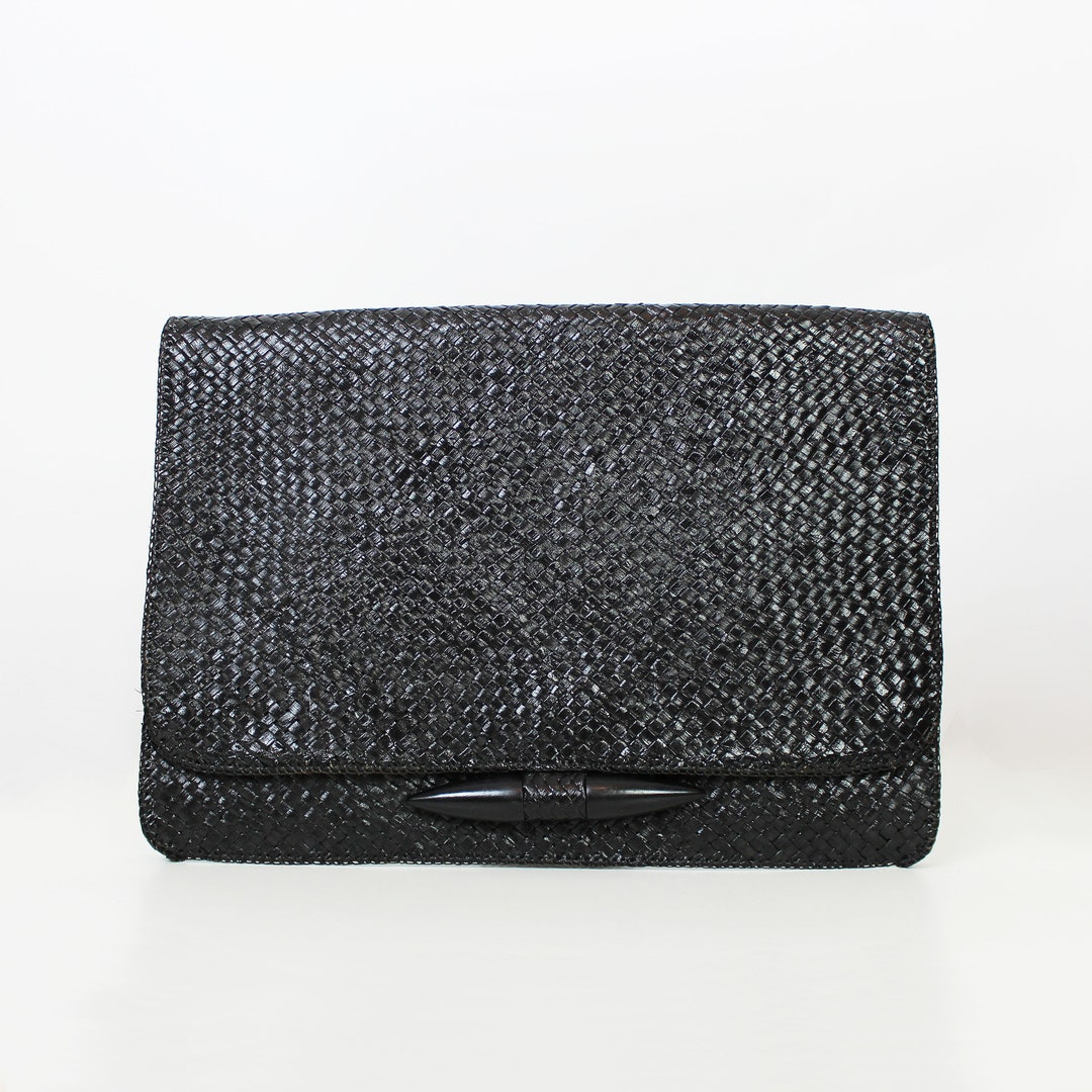 Vintage 70s Straw Bag / 1970s Black Straw Clutch Purse / Oversized ...