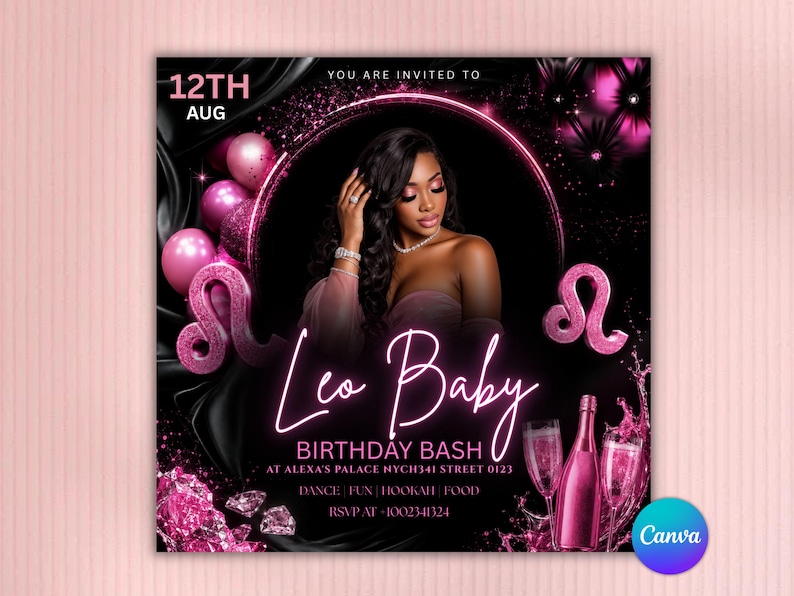 Scorpio Birthday Invitation Template | Canva Editable Black Pink Zodiac ...