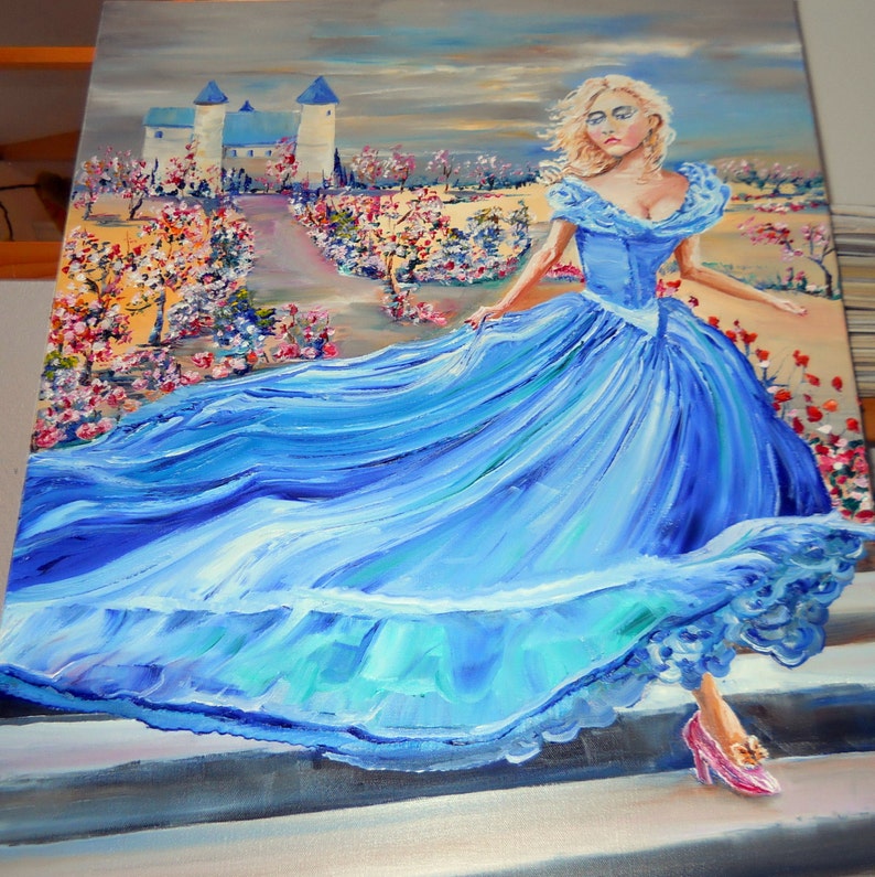 Beautiful Woman, Cinderella Oil, Girl Blue Gown Fleeing Castle Oil ...