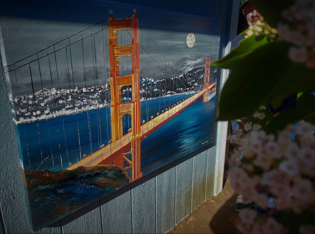 Moonlight on Gate Bridge, San Francisco City Lights, Oil on Canvas, Dan ...