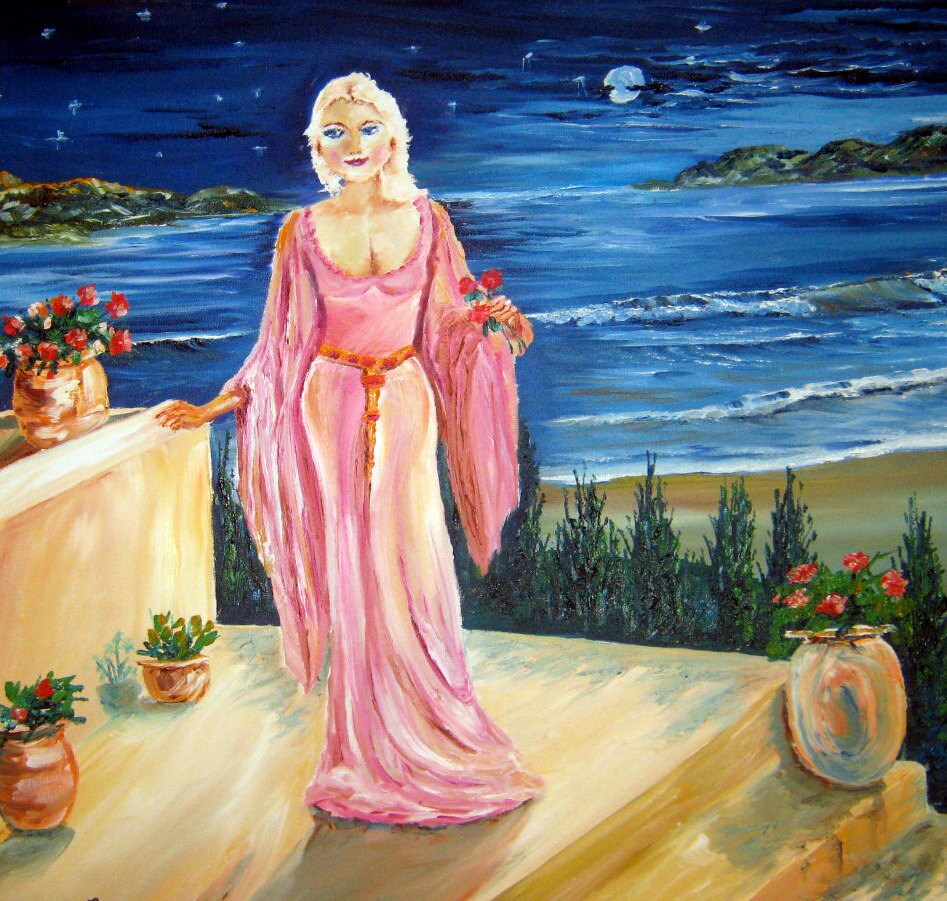 Rose Goddess of Twilight, Ocean Lady, Blonde Rose Gown Courtyard Steps ...