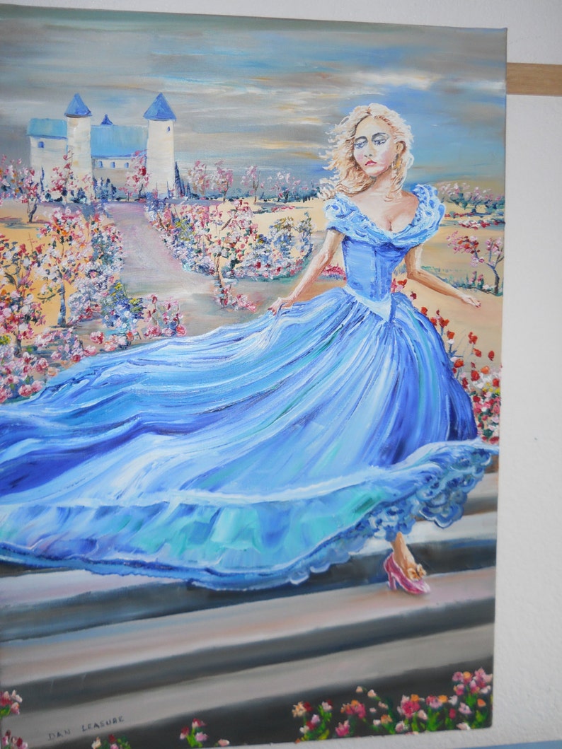 Beautiful Woman, Cinderella Oil, Girl Blue Gown Fleeing Castle Oil ...